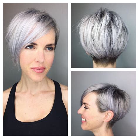 Graduated Silver Textured Pixie With Side Swept Bangs And Shadow Roots The Latest Hairstyles