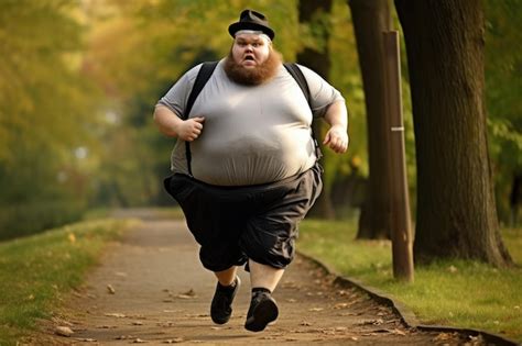 Homem Gordo Se Exercitando Caminhando Para Queimar Gordura E Correndo