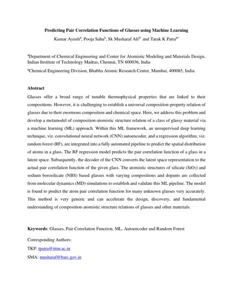 Pdf Predicting Pair Correlation Functions Of Glasses Using Machine