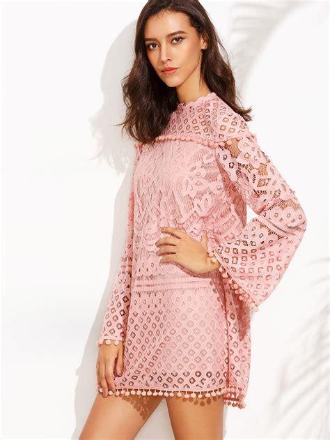 Crochet Pom Pom Trim Sheer Lace Dress Shein Sheinside