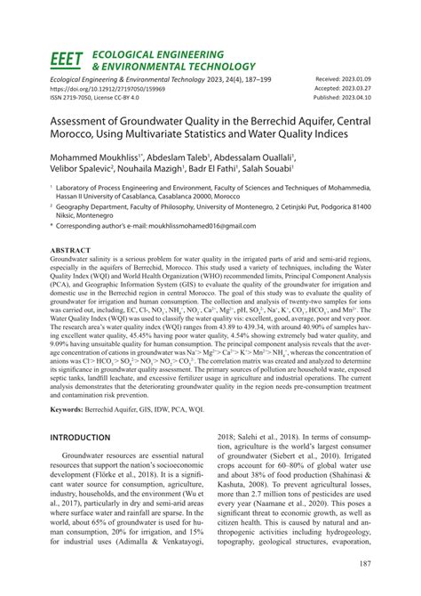 Pdf Assessment Of Groundwater Quality In The Berrechid Aquifer Central Morocco Using
