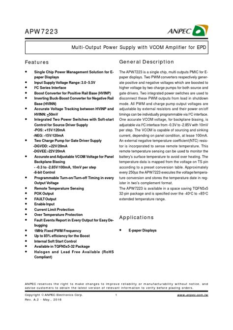 Apw7223 Datasheet Apw7223 Anpecpdf Multi Output Power Supply Anpec