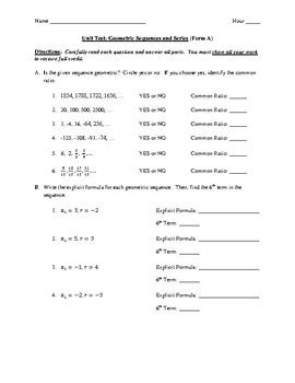 Unit Test Geometric Sequences And Series By Operation Mathematics