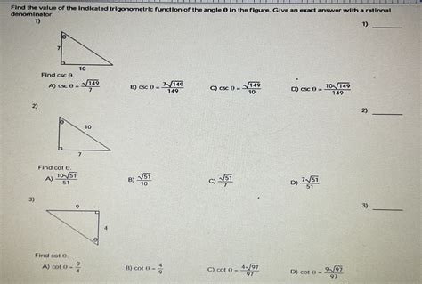 Solved Find Cscθ A Cscθ 7149 B Cscθ−1497149 C Cscθ−10149