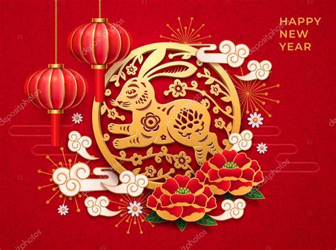 Cny Conejo Zodiaco Y Linternas Chinas Colgantes Nubes Y Fuegos