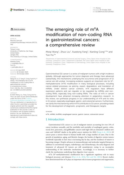 Pdf The Emerging Role Of M6a Modification Of Non Coding Rna In Gastrointestinal Cancers A