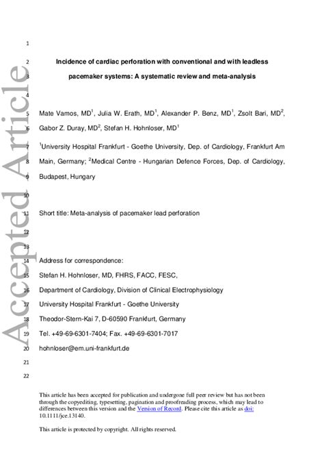 Pdf Incidence Of Cardiac Perforation With Conventional And With Leadless Pacemaker Systems A