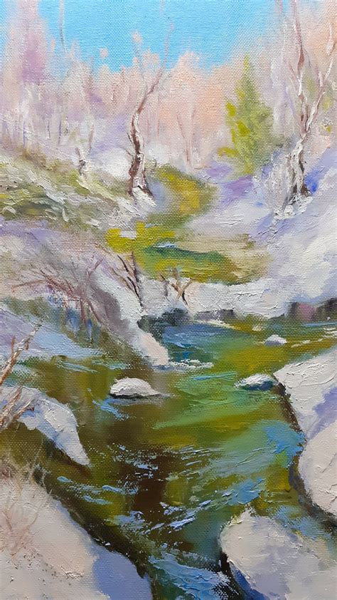 Зимняя река живопись маслом пейзаж яркая картина оригинал холст импрессионизм подарок