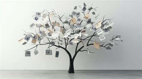 a surreal tree features abstract branches covered with discount symbols
