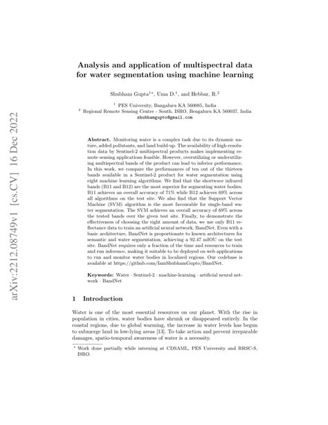 Pdf Analysis And Application Of Multispectral Data For Water Segmentation Using Machine Learning