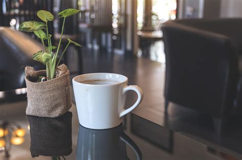 뜨거운 커피와 카페에서 테이블에 작은 나무 냄비의 흰색 도자기 커피 컵의 근접 촬영 이미지 그림자에 대한 스톡 사진 및 기타