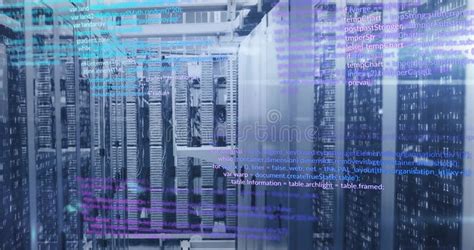 Computer Code Animation Over Server Racks In Data Center Stock Footage