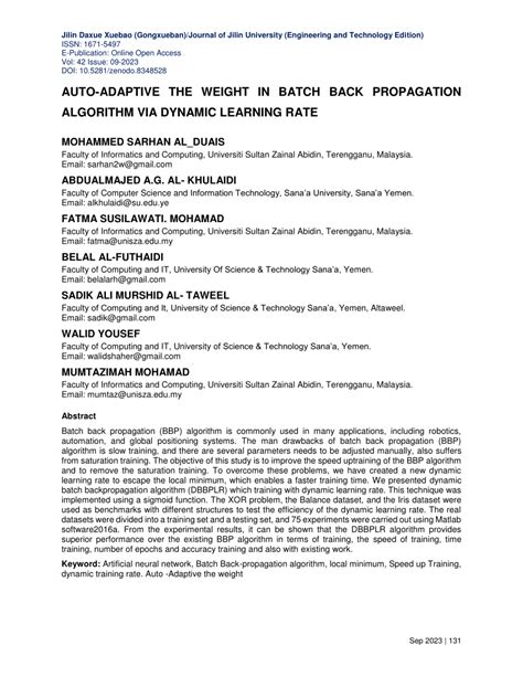 Pdf Auto Adaptive The Weight In Batch Back Propagation Algorithm Via