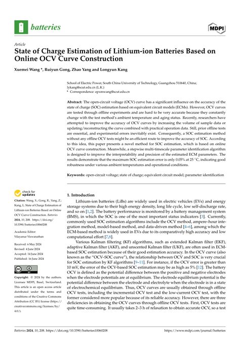Pdf State Of Charge Estimation Of Lithium Ion Batteries Based On Online Ocv Curve Construction