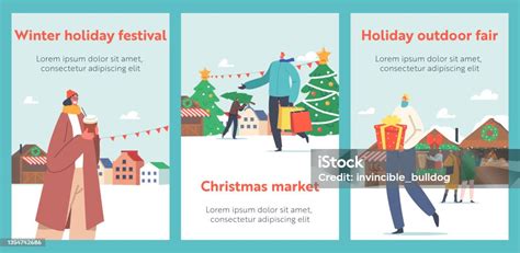 크리스마스 시장 만화 포스터에 행복한 사람들 선물과 나무를 사는 남성과 여성 쇼핑백 운반 12월에 대한 스톡 벡터 아트 및 기타 이미지 Istock