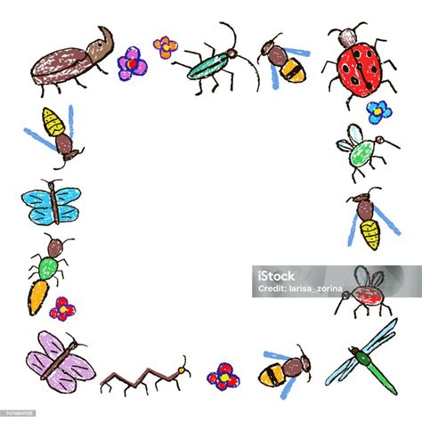 미친 낙서 곤충 프레임 배경 크레용은 아이의 손으로 다채로운 재미있는 나비 벌레 딱정벌레 벌 말벌 잠자리를 그렸습니다 날기에 대한 스톡 벡터 아트 및 기타 이미지 Istock