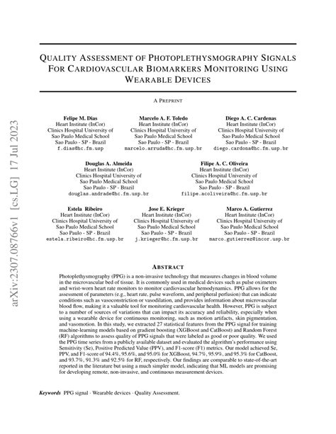 Pdf Quality Assessment Of Photoplethysmography Signals For Cardiovascular Biomarkers