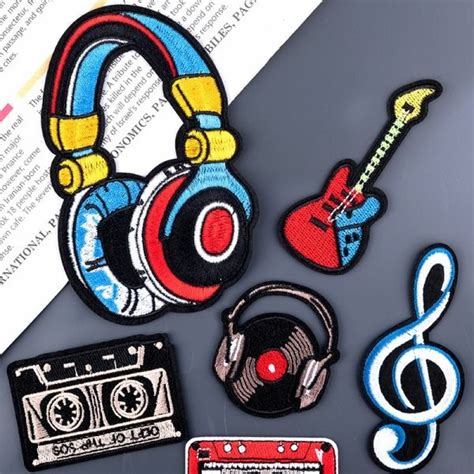 자수 음악 록 패치 의류 펑크 기타 헤드셋 악기 청바지 재봉 아이언 온 스티커 엠블럼 티몬