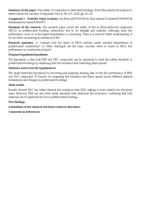 Scientific Paper Analyses Template Summary Of The Paper Fire Safety