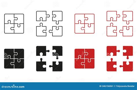 Puzzle Pieces Match Line And Silhouette Icon Set Square Jigsaw Parts Fit Editable Stroke Stock
