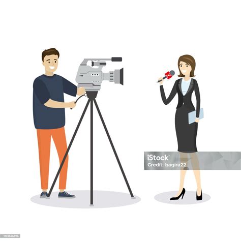 속보 일러스트 마이크와 카메라맨과 아름다운 여성 기자 경영자에 대한 스톡 벡터 아트 및 기타 이미지 경영자 남자 뉴스
