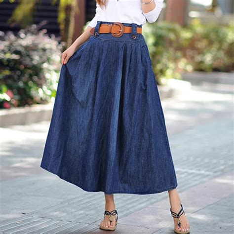 2017 Summer Women Long Denim Skirt High Waist Casual Loose Pleated Maxi