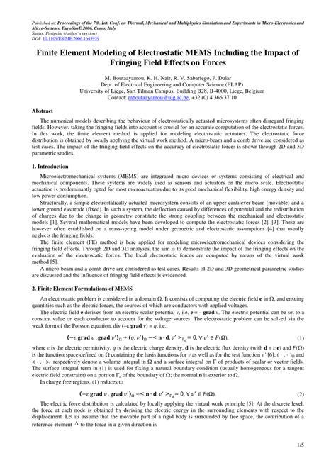Pdf Finite Element Modeling Of Electrostatic Mems Including The Impact Of Fringing Field
