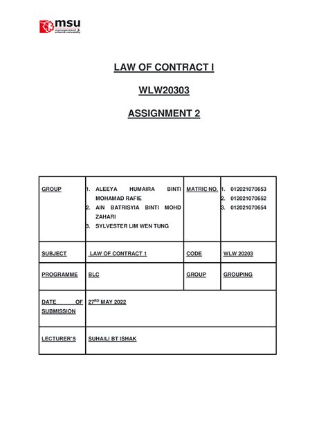 Contract Assignment 2 Pdf Law Of Contract I Wlw Assignment 2 Group 1