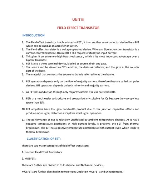 Field Effect Transistor The Field Effect Transistor Is A Voltage Operated Device Whereas