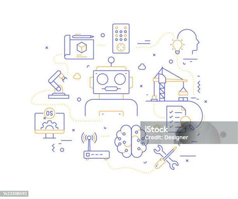 로봇 공학 관련 라인 스타일 배너 디자인 웹 페이지 헤드 라인 브로셔 연례 보고서 및 책 표지 로봇공학에 대한 스톡 벡터 아트