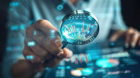 A Person Using A Magnifying Glass Over A Digital Report With Analytics Stock Illustration