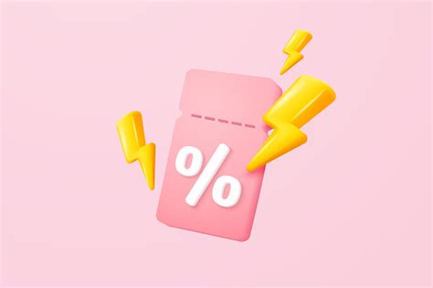 판매 및 온라인 쇼핑을위한 쿠폰이있는 3d 천둥 볼트 아이콘 현금 할인 쿠폰 플래시 번개 시간 경고 통지 특별 제안 프로모션 3d 가격 태그 아이콘 벡터 렌더링 일러스트