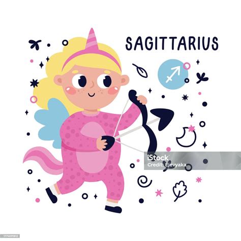 궁수자리 조디악 표지판이 있는 다채로운 카드입니다 점성술 별자리 기호를 가진 어린이 캐릭터 손으로 그린 벡터 일러스트 레이 션