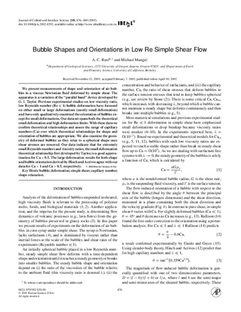 Pdf Bubble Shapes And Orientations In Low Re Simple Shear Flow Michael Manga