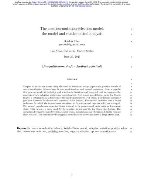 Pdf The Creation Mutation Selection Model The Model And Mathematical Analysis