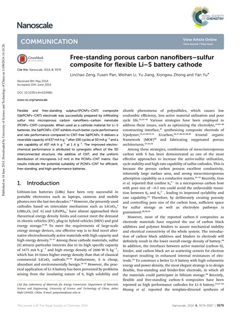 Pdf Free Standing Porous Carbon Nanofibers Sulfur Composite For