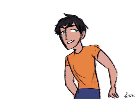 A Drawing Of A Man In An Orange Shirt And Blue Shorts With His Hand On His Hip