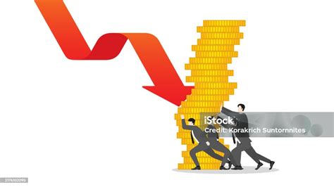 사업가들이 빨간 아래쪽 화살표에 저항하기 위해 동전 더미를 밀고 있습니다 금융 위기와 경기 침체 인플레이션 경기 침체 파산 및 금융 실패의 영향에 대한 최소 스타일 감소에