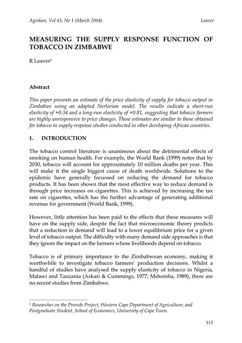 Pdf Measuring The Supply Response Function Of Tobacco In Zimbabwe