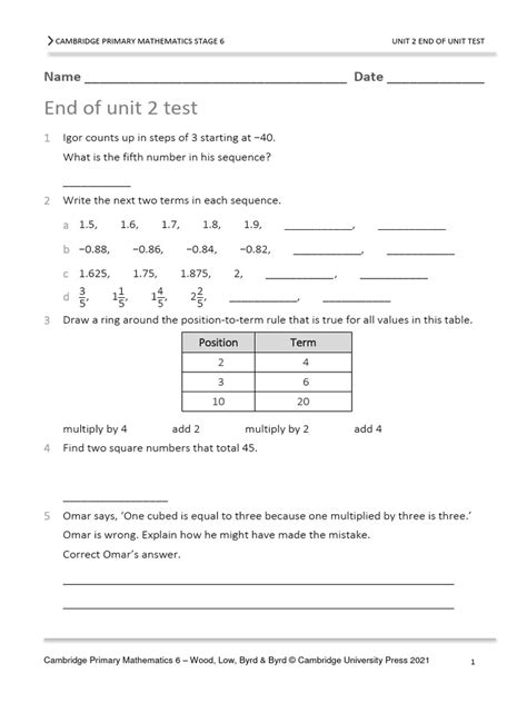 Prim Maths 6 2ed Tr Unit 2 Test Pdf