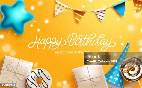 생일 파티 벡터 배경 디자인 생일 축하 인사말 텍스트와 페넌트 선물 및 출생 기념일을 축하하기위한 디저트 요소의 다채로운 장식 3차원 형태에 대한 스톡 벡터 아트 및 기타