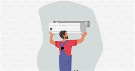 집에서 서비스 기술자가 에어컨 설치 방에서 일하는 전문 승무원 캐릭터는 새로운 분할 실내 캐비닛 시스템 장치를 설치합니다 만화 사람들 벡터 일러스트레이션 사진