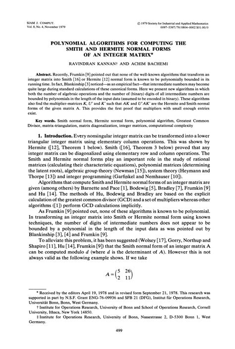 Pdf Polynomial Algorithms For Computing The Smith And Hermite Normal