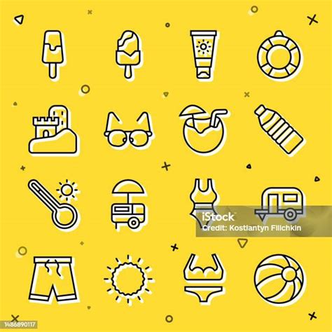 세트 라인 비치 볼 Rv 캠핑 트레일러 물 한 병 자외선 차단제 크림 튜브 안경 모래성 얼음과 코코넛 칵테일 아이콘 벡터 거리에 대한 스톡 벡터 아트 및 기타 이미지