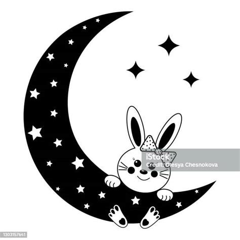 구름 검은 윤곽 어린이 벡터 고립 된 일러스트 레이션 디자인 장식 인쇄 종이 스크랩북 사이에 별이 빛나는 하늘의 달에 토끼 0