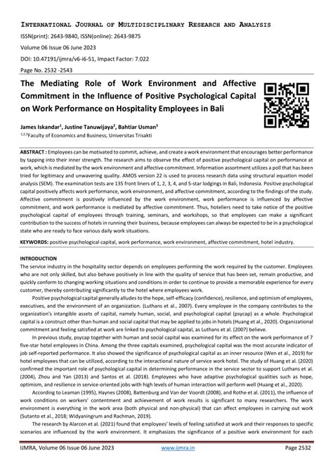 Pdf The Mediating Role Of Work Environment And Affective Commitment In The Influence Of