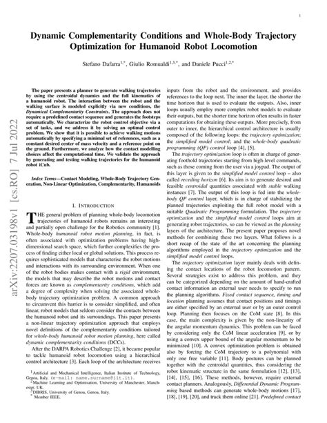 Dynamic Complementarity Conditions And Whole Body Trajectory Optimization For Humanoid Robot