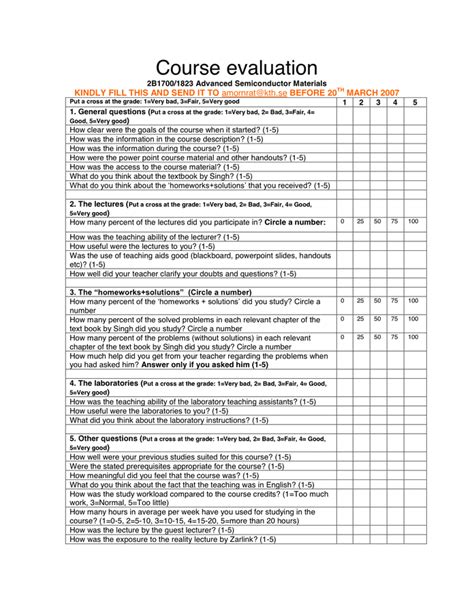 Course Evaluation Form Template