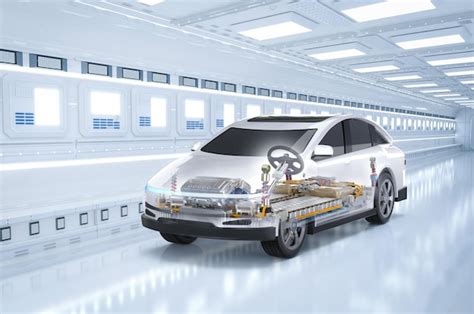 실험실의 플랫폼에 배터리 셀 팩이 있는 Ev 자동차 또는 전기 자동차 프리미엄 사진