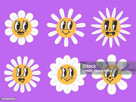 데이지 이모티콘 꽃 만화 복고풍 카모마일 눈과 입이 있는 만화책 마스코트 재미 있는 얼굴 평면 벡터 일러스트 레이 션 세트를 가진 데이지 꽃 개체 그룹에 대한 스톡 벡터
